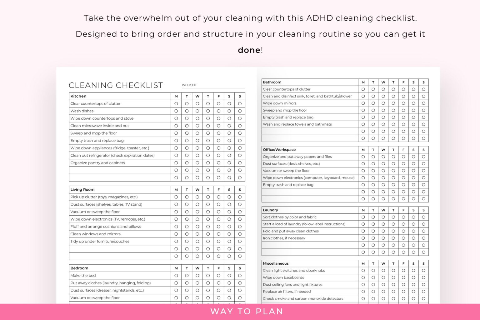 ADHD cleaning checklist with room-by-room tasks to make cleaning less ...